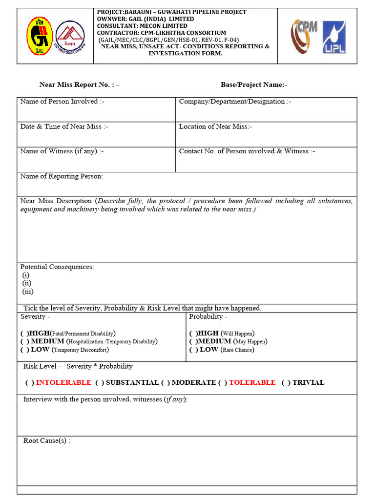01_HSE Near Miss Reporting Form_F-04 | PDF