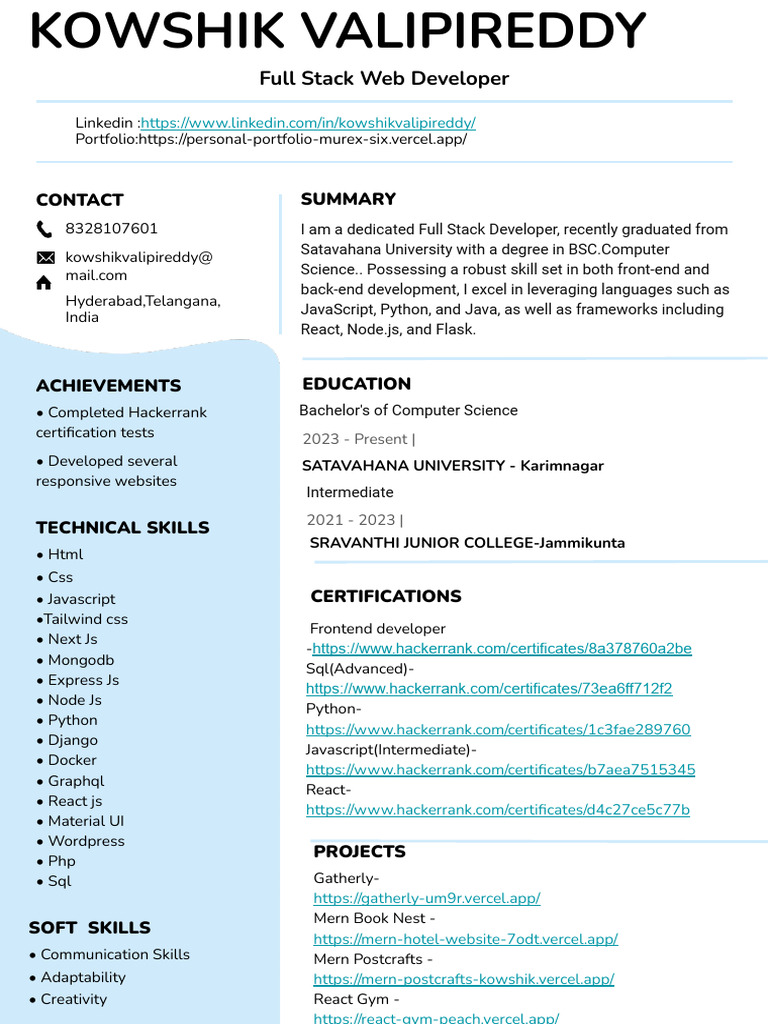 Kowshik Valipireddy Resume | PDF | Web Development | Software Engineering