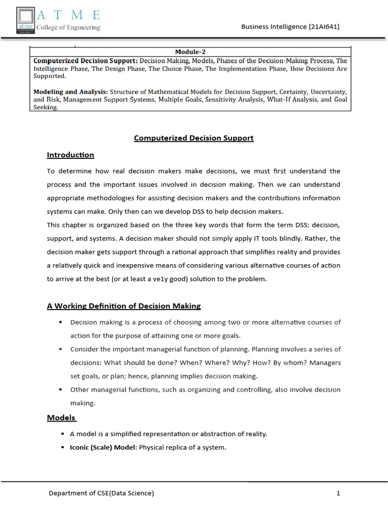 Module 2 - Computerized Decision Support | PDF | Decision Making | Decision Support System