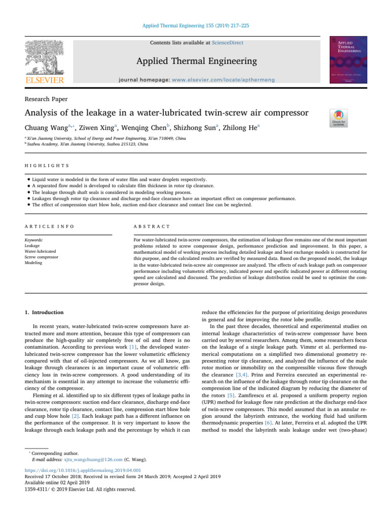 Water-Lubricated Twin-Screw Compressor Leakage Analysis | PDF | Gases ...