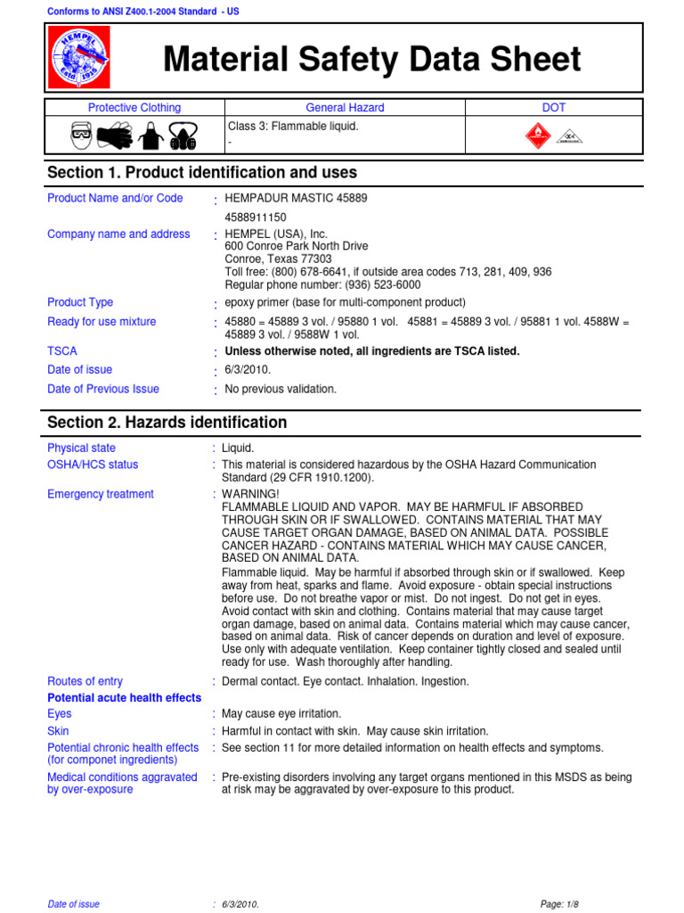 Material Safety Data Sheet: Section 1. Product Identification and Uses | PDF | Occupational ...