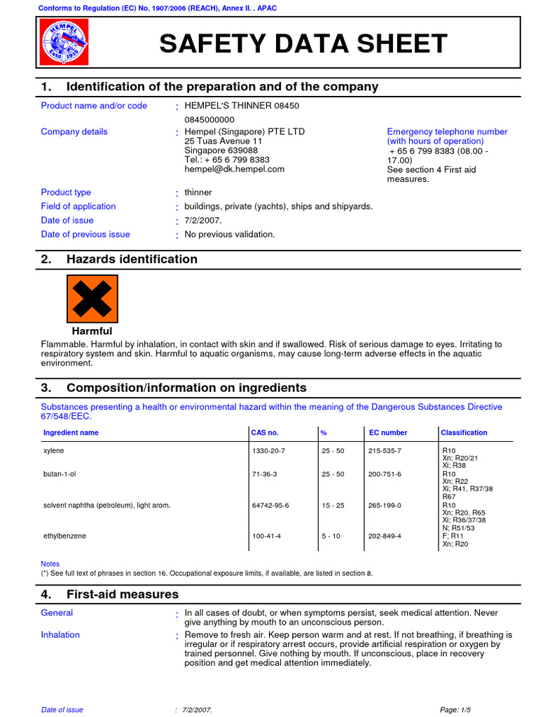 Safety Data Sheet: Identification of The Preparation and of The Company 1 | PDF | Personal ...