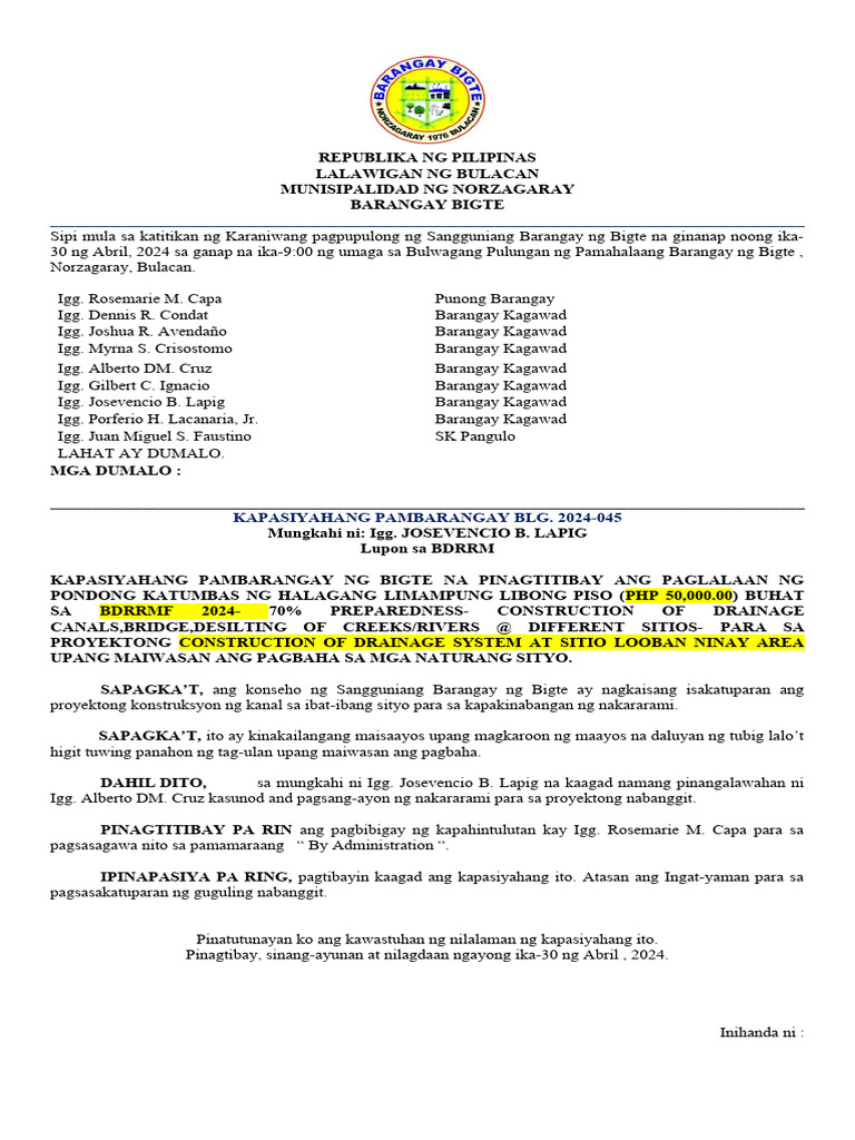 Reso 2024-045 Road Reblocking Sa Sitio Looban - Ninay Area | PDF