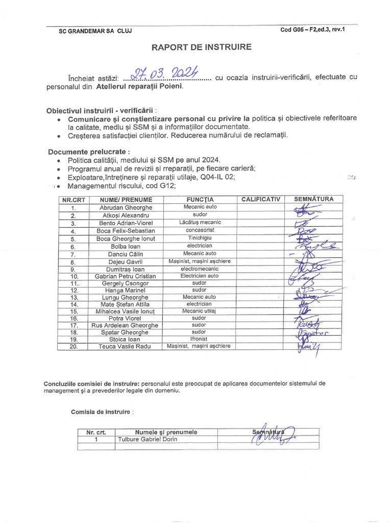 Raport Instruire Atelier Reparatii | PDF