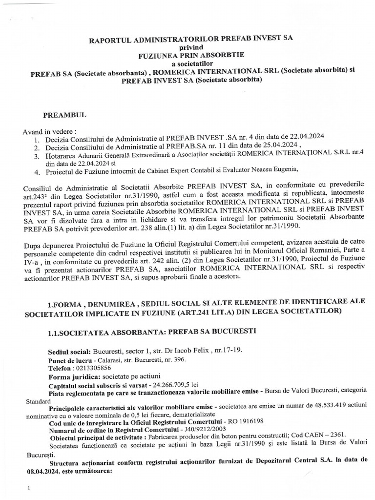 PREFAB INVEST Raportul Administratorilor Fuziune 30.09.2023 | PDF
