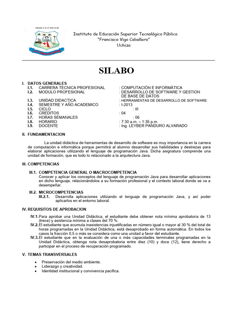 Silabo de Herramientas de Desarrollo de Software | PDF | Java (lenguaje de programación ...
