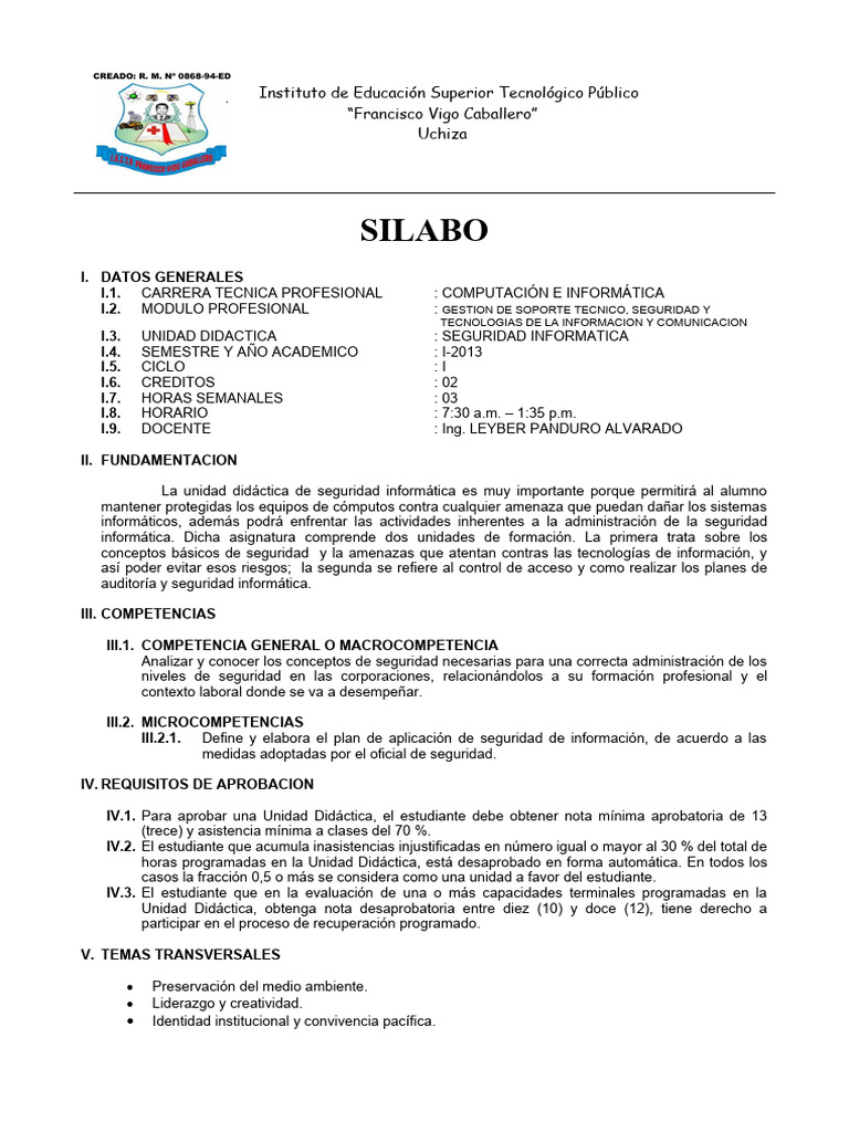 Silabo de Seguridad Informatica | PDF | Cortafuegos (informática) | La seguridad informática