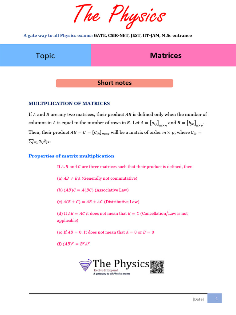 Matrices-Short notes sample | Download Free PDF | Matrix (Mathematics ...