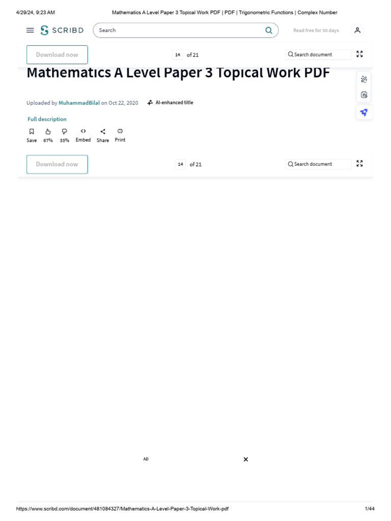 Mathematics A Level Paper 3 Topical Work PDF | PDF | Scribd | Complex ...