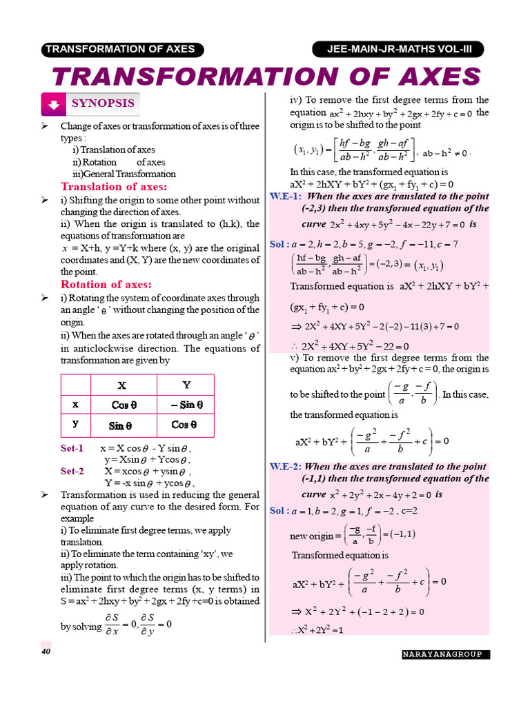 Xi Maths Chapter 12 Transformation Of Axes 40 51 Pdf