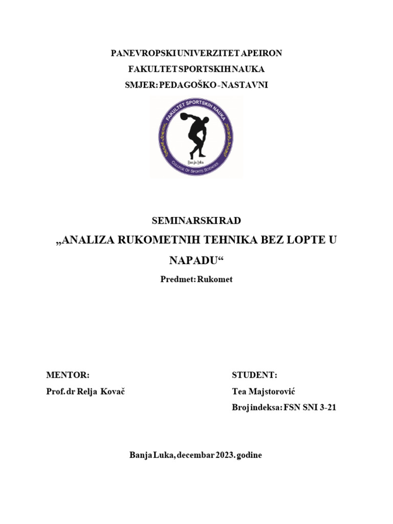 Rukomet Seminarski Rad | PDF
