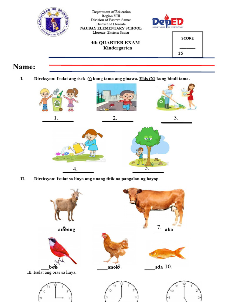 Kindergarten 4th Quarter Test With TOS - MELC Based 2 | PDF