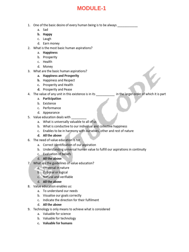 @vtucode - in BUHK408 Module 1 MCQ 2022 Scheme | PDF | Happiness | Motivational