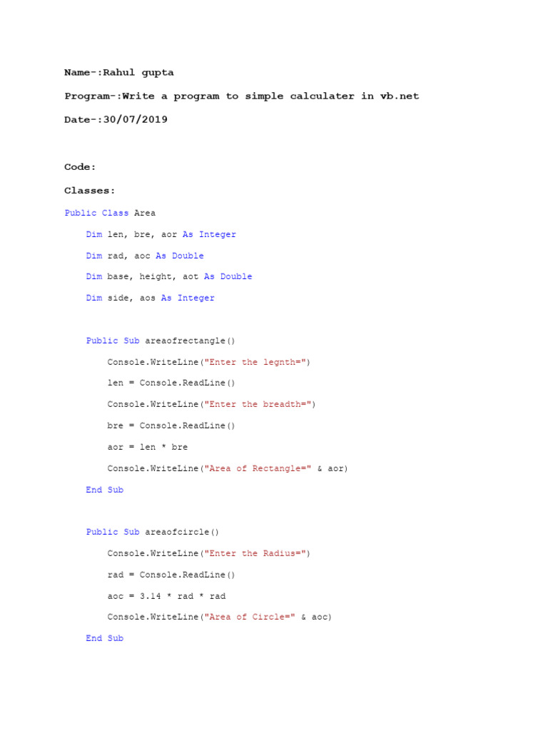 VB.NET Simple Calculator Program | PDF | Teaching Methods & Materials