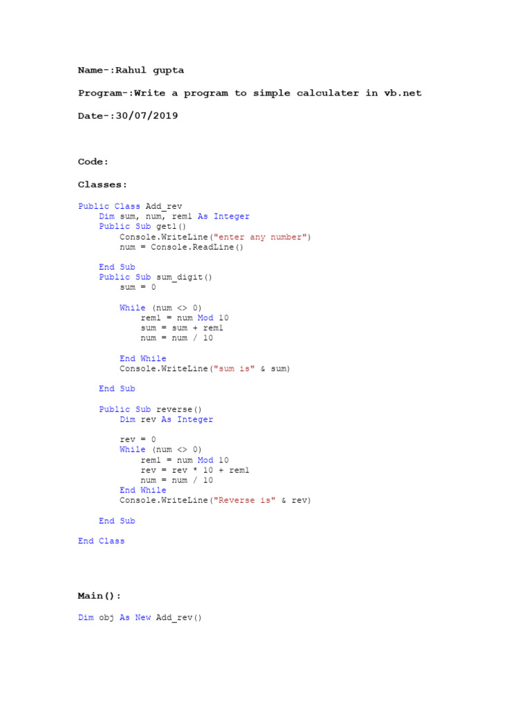 VB.NET Simple Calculator Program | PDF | Computers