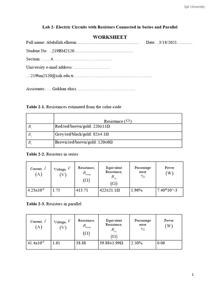 Lab 2 Electric Circuits With Resistors Connected In Series And Parallel Worksheet Pdf