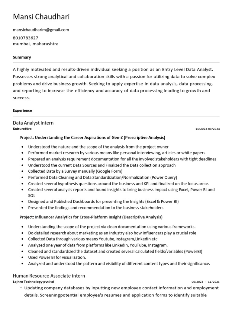 Mansi_updated_resume | PDF | Data Analysis | Data