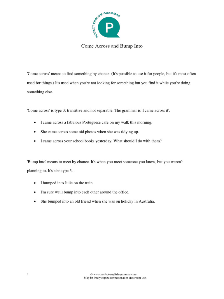 PEG - Phrasal Verbs - Come Across and Bump Into | PDF | Language ...