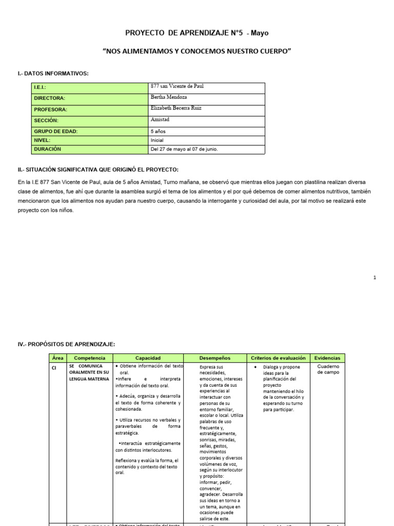 Proyecto de Aprendizaje n5 Nos Alimentamos y Conocemos Nuestro Cuerpo | PDF | Observación ...