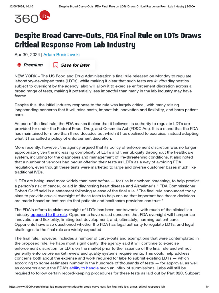 Despite Broad Carve-Outs, FDA Final Rule On LDTs Draws Critical ...