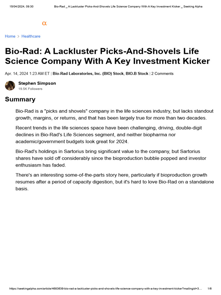 Bio-Rad - A Lackluster Picks-And-Shovels Life Science Company With A ...