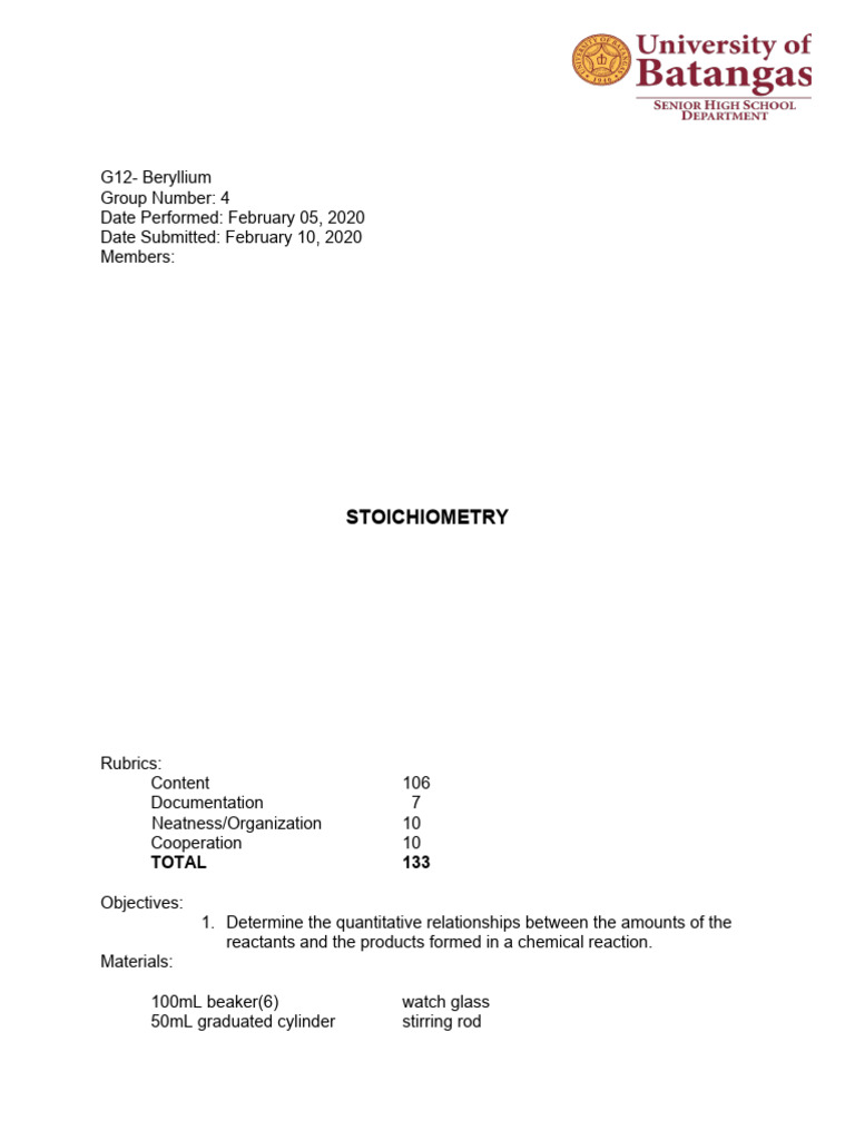 Chemistry Lab: Stoichiometry Analysis | PDF | Mole (Unit) | Sodium ...