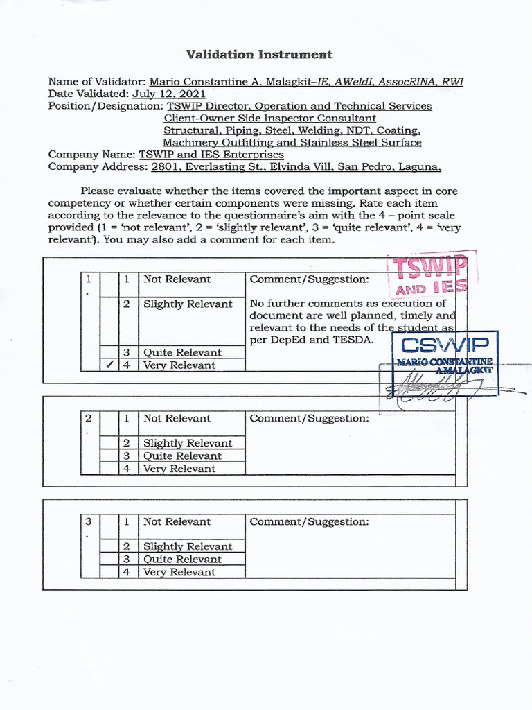 Validation Instrument 1 | PDF