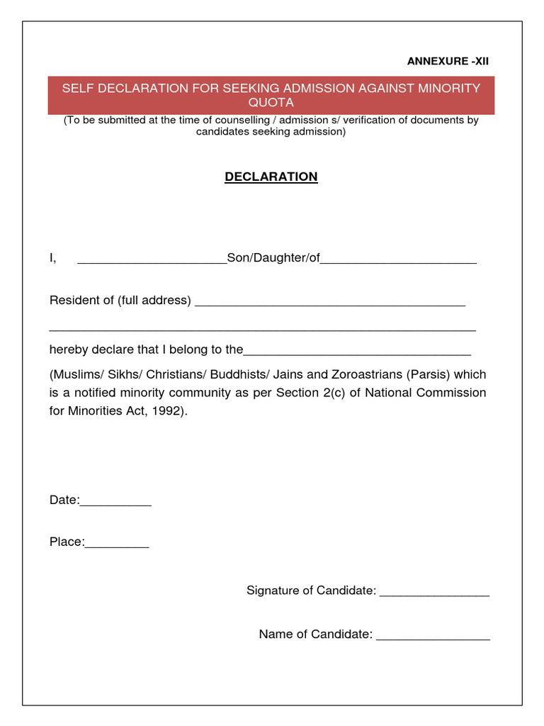 Self Declaration For Seeking Admission Against Minority Quota | PDF