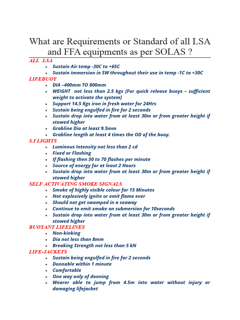 SOLAS Requirements or Standard of All LSA and FFA Equipments | PDF