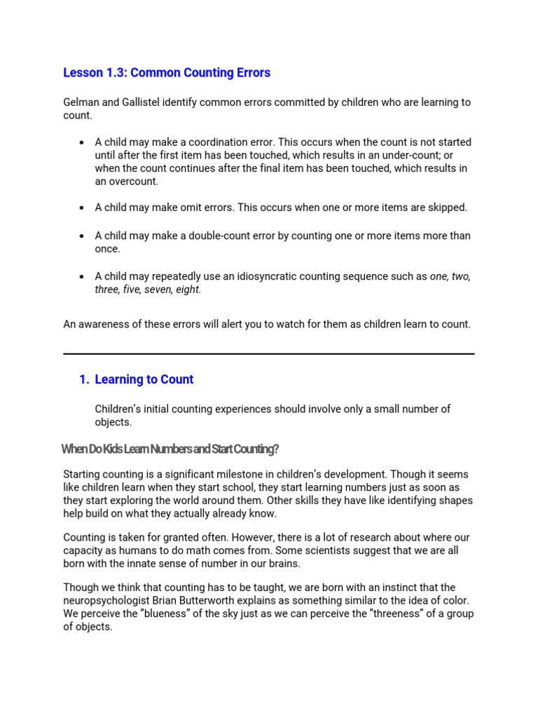Lesson 1.3 Common Counting Errors | PDF | Toddler | Learning