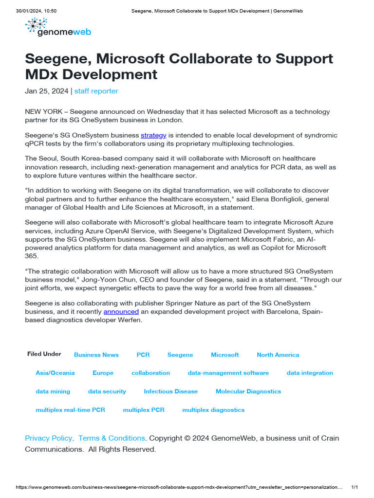 Seegene, Microsoft Collaborate To Support MDX Development - GenomeWeb ...