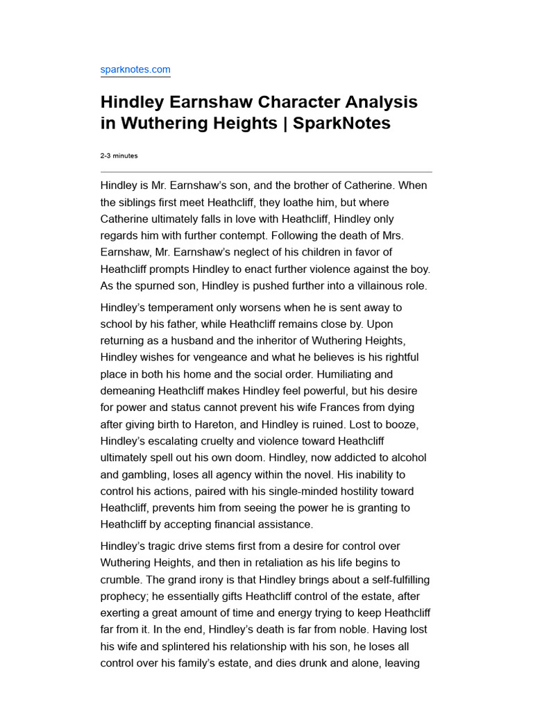 Hindley Earnshaw Character Analysis in Wuthering Heights SparkNotes | PDF