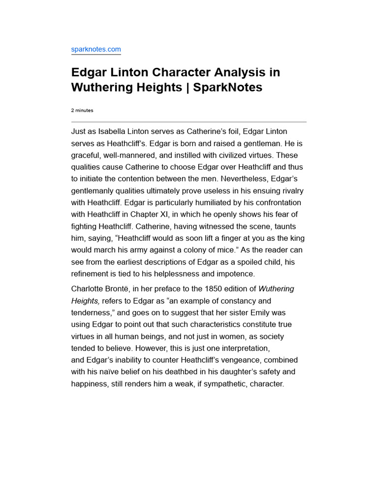 Edgar Linton Character Analysis in Wuthering Heights SparkNotes | PDF ...