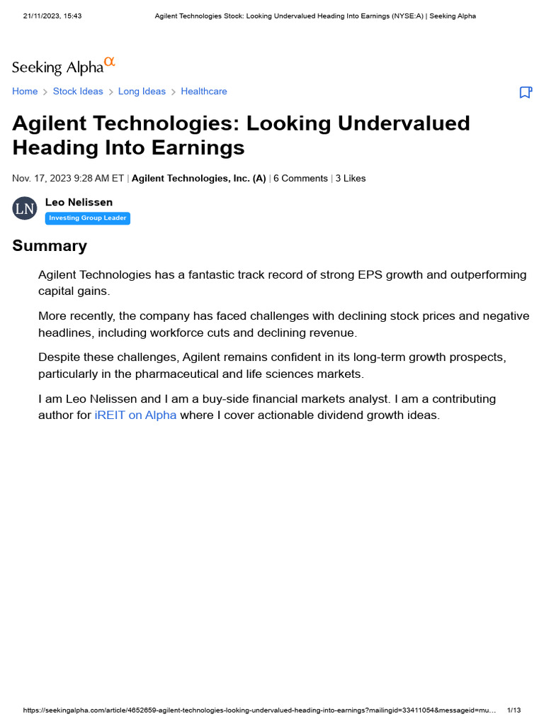 Agilent Stock Undervalued Pre-Earnings | PDF | Investing | Stocks
