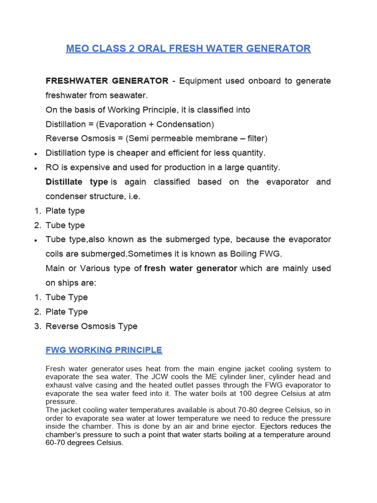 Fresh Water Generator Meo Class 2 Oral | PDF | Osmosis | Water Fresh Water Generator Meo Class 2 Oral | PDF | Osmosis | Water