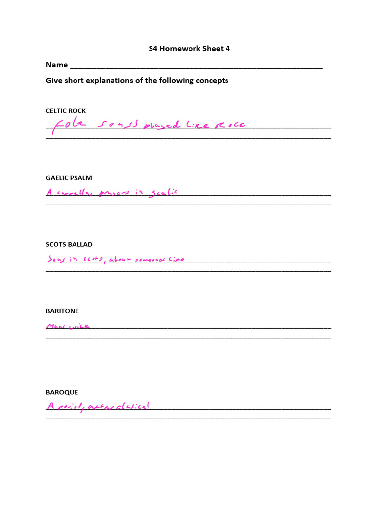 S4 Music Homework: Concepts & Tasks | PDF