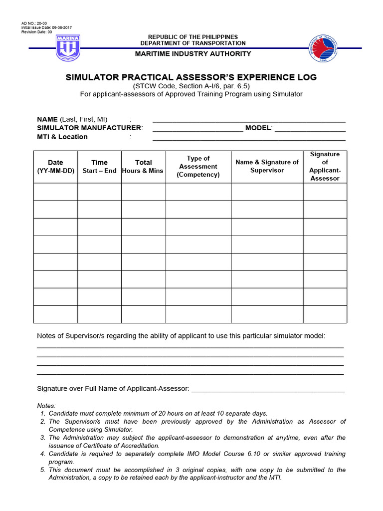 20 Simulator Practical Assessors Experience Log | PDF