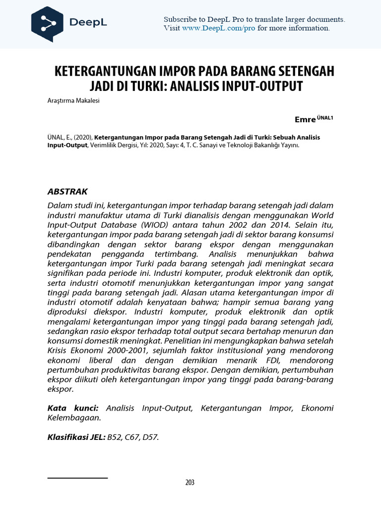 Ünal, E. (2020) - Import Dependency On Intermediate Goods in Turkey An Input-Output Analysis Id ...