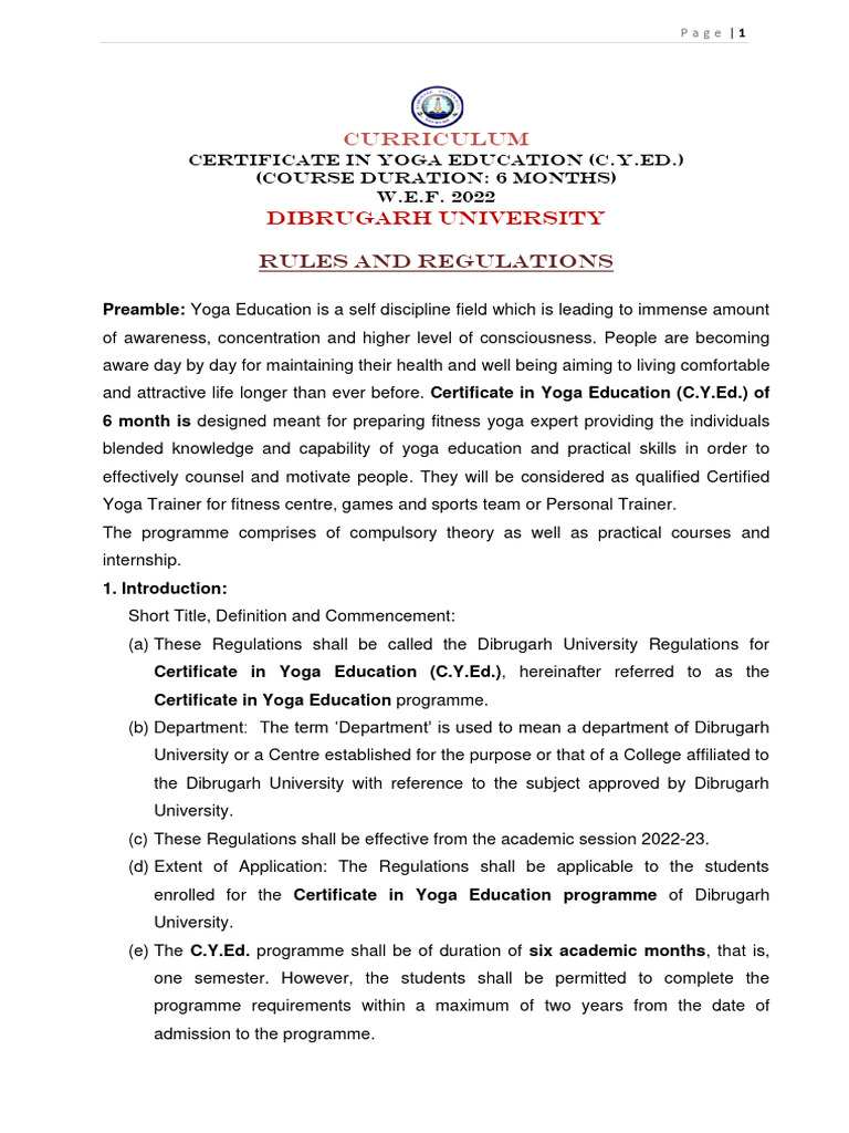 Regulations and Syllabus of Certificate Course in Yoga Education Final ...