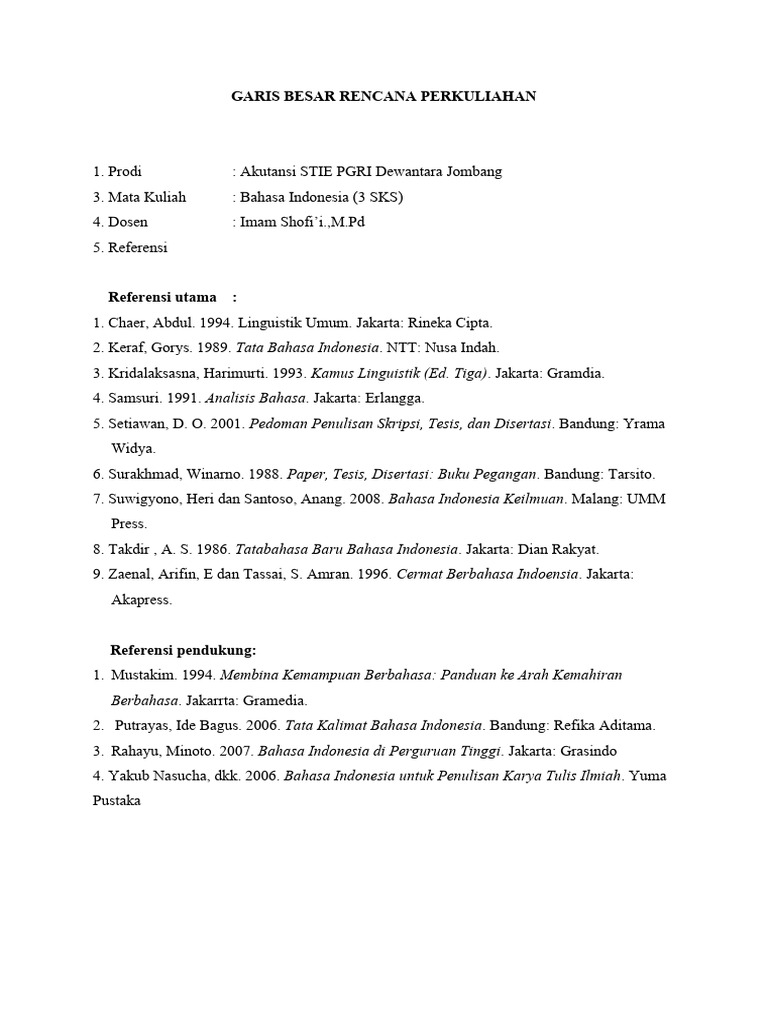 Gariis Besar Rencana Perkuliahan | PDF | Seni & Disiplin Bahasa