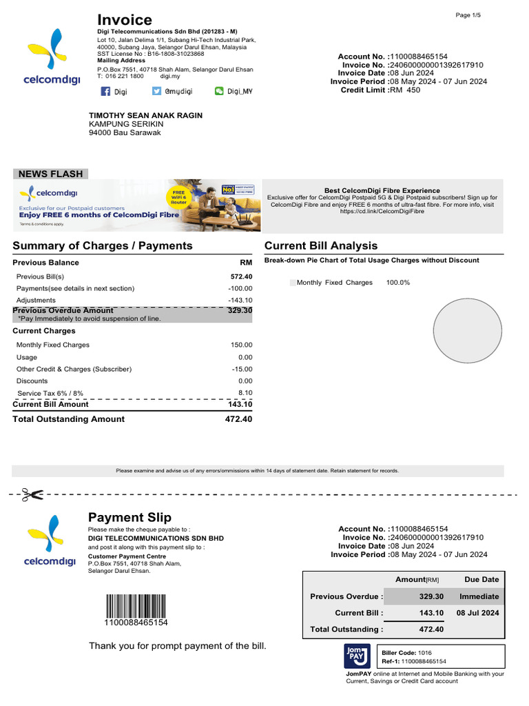 Payment Slip: Summary of Charges / Payments Current Bill Analysis | PDF ...