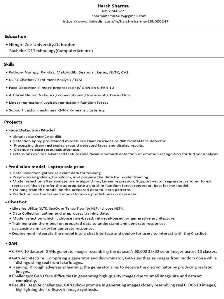 Harsh Sharma Resume For Ai - ML Developer 2 | PDF | Machine Learning ...