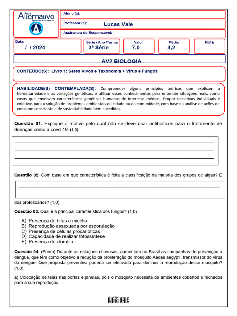 AV2 3 Série - 1º Trimestre - Biologia - 2024 | PDF | Bactérias | Tuberculose
