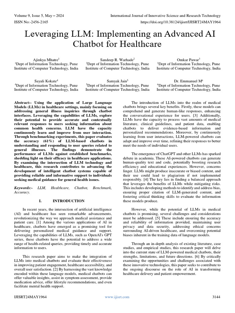 Leveraging LLM: Implementing An Advanced AI Chatbot For Healthcare ...