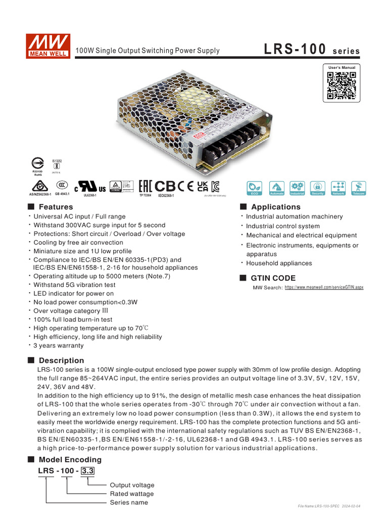 LRS 100 Spec | PDF | Power Supply | Electrical Components