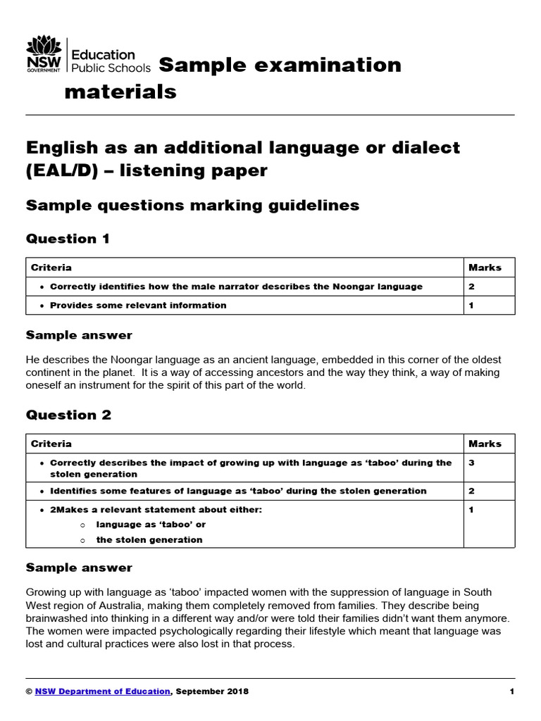 Eald s6 Listening Paper Sample Marking Criteria | PDF | Human ...
