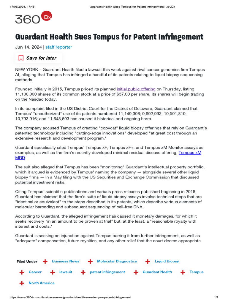 Guardant Health Sues Tempus For Patent Infringement - 360Dx | PDF ...