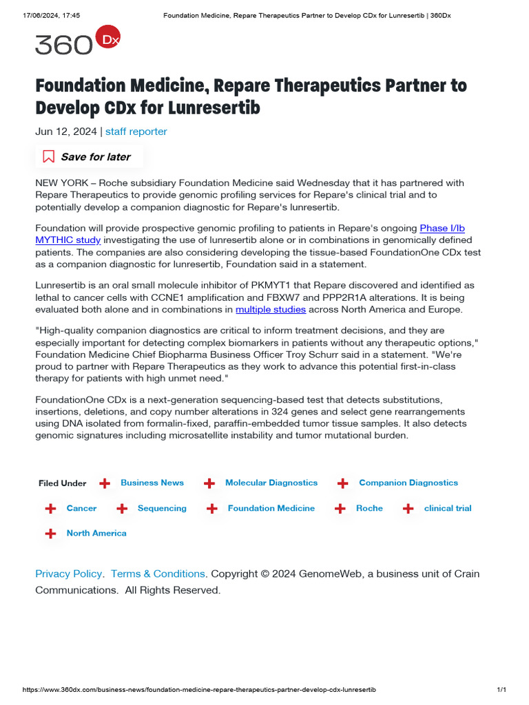 Foundation Medicine, Repare Therapeutics Partner To Develop CDX For ...