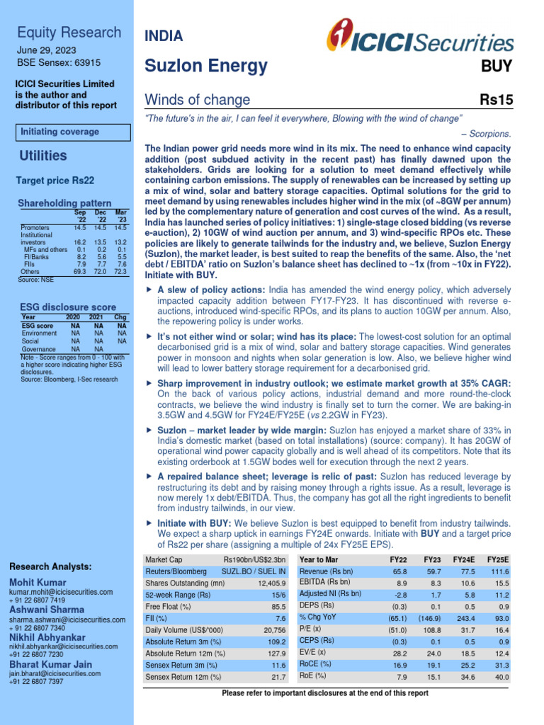 Suzlon Energy IC Jun23 | PDF | Private Sector | Investing
