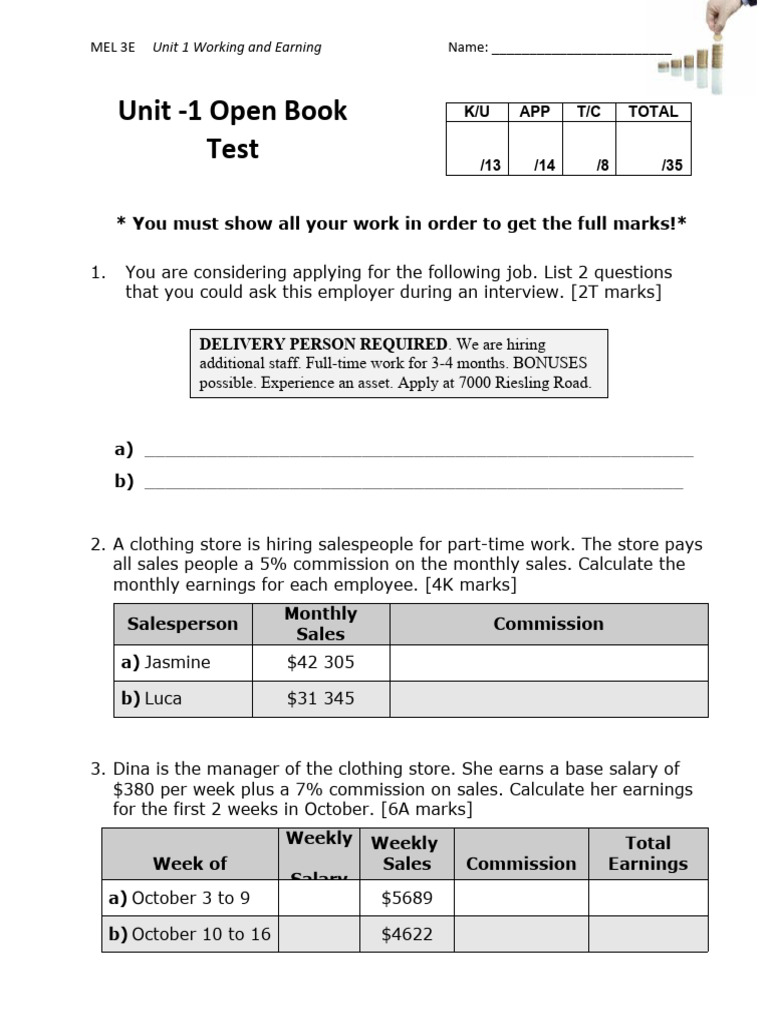 U1 Assessment 3 Working and Earning Test | PDF | Salary | Sales